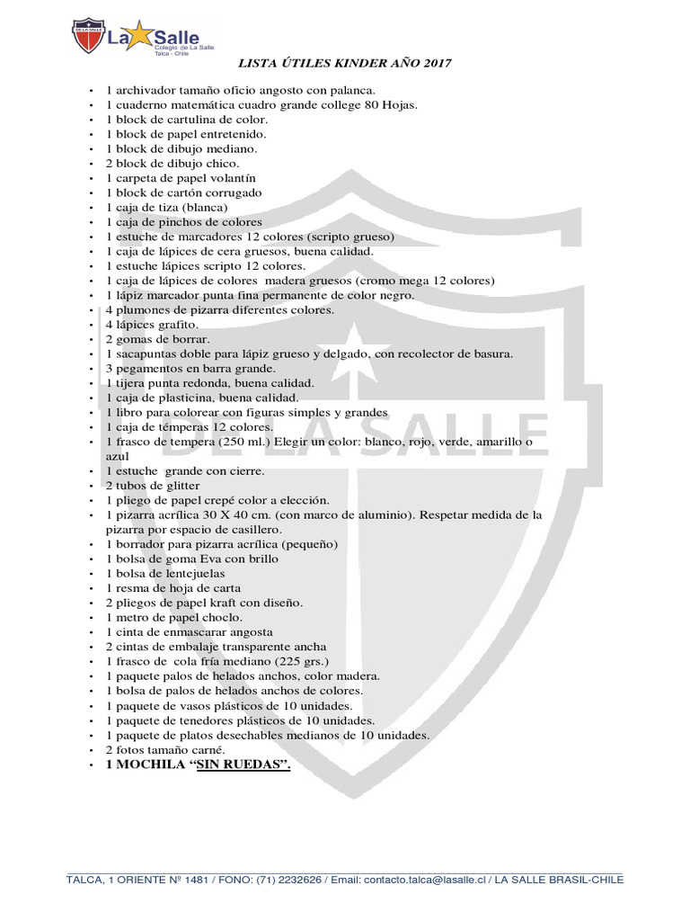 Lista de útiles Kinder 2017 Talca | PDF | Lápiz | Papelería