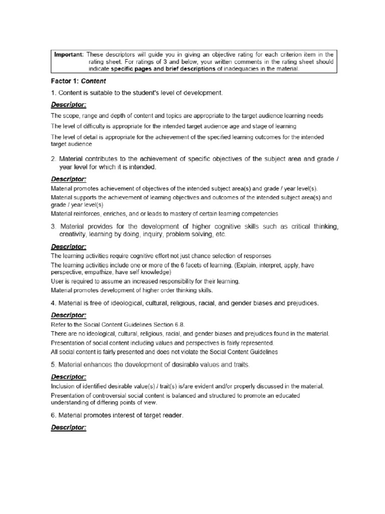 Descriptors of Evaluating Print Materials (Deped Format) | PDF