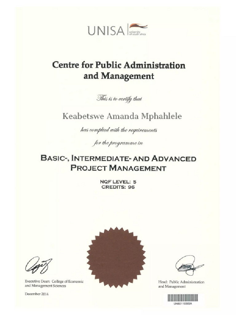 UNISA Certification | PDF