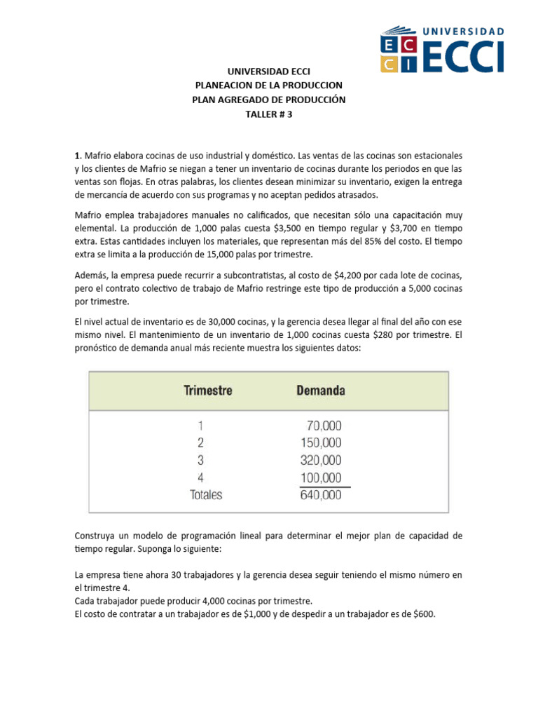 Taller Plan Agregado de Produccion | PDF | Economias