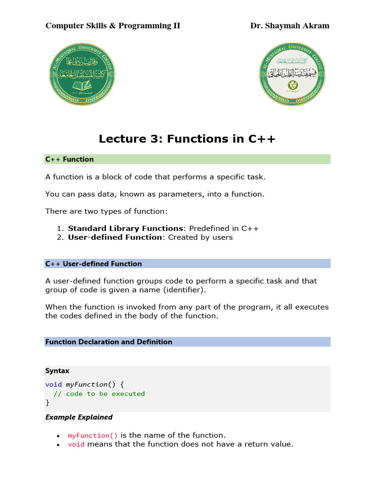 C++ Functions: Definitions & Examples | PDF | Parameter (Computer Programming) | C++