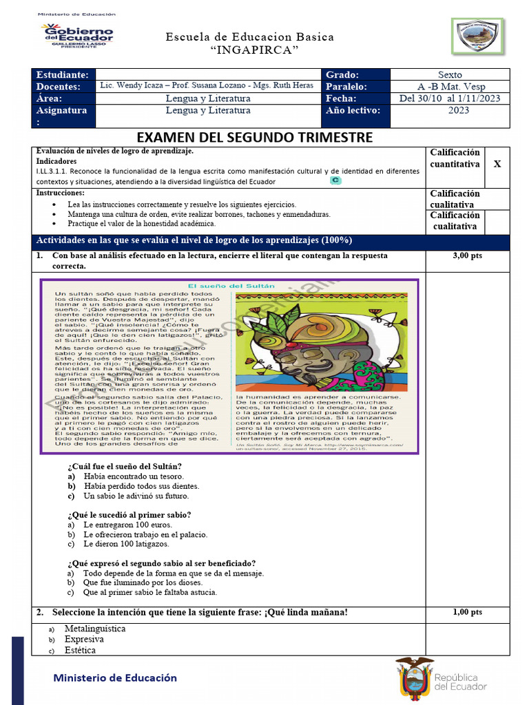 Exámenes de Evaluación para Sexto Grado | PDF | Educación primaria