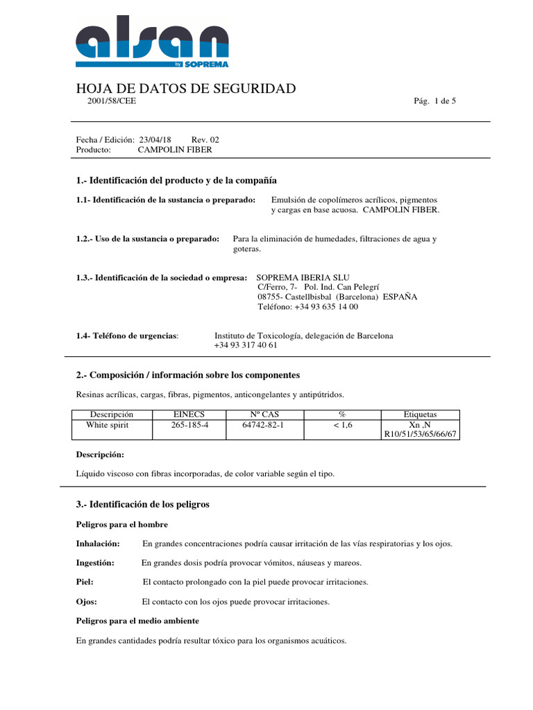 Hoja de Seguridad CAMPOLIN FIBER | PDF