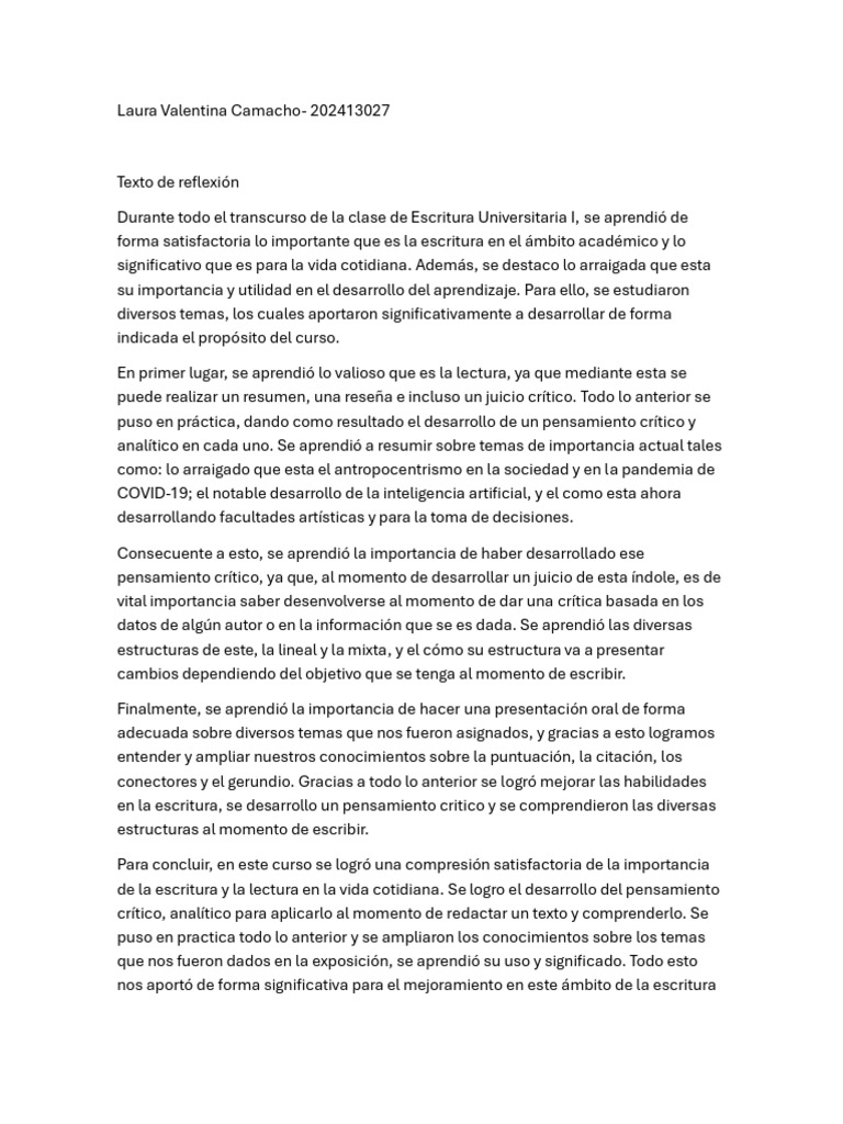 Texto de Reflexion, Version Final | PDF | Pensamiento crítico | Pensamiento