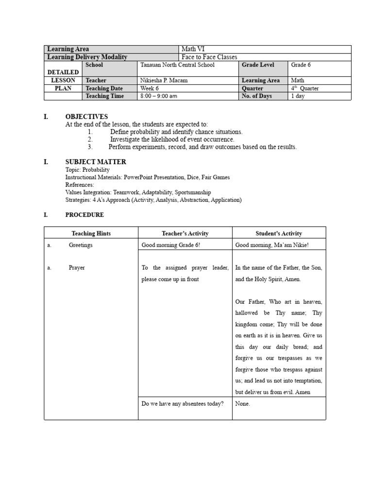 4As-Lesson-Plan_Demo | PDF | Lord's Prayer | Cognition