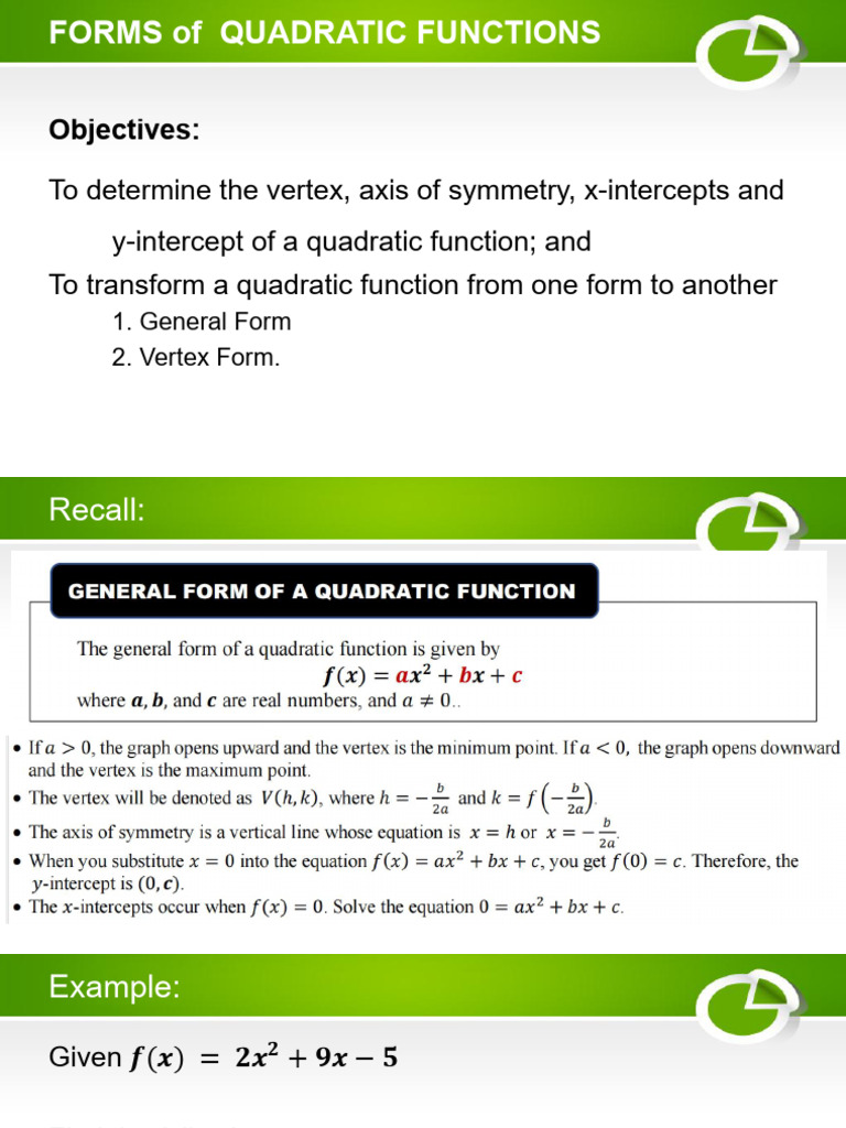 Quadratic Functions: Forms & Analysis | PDF | Science & Mathematics
