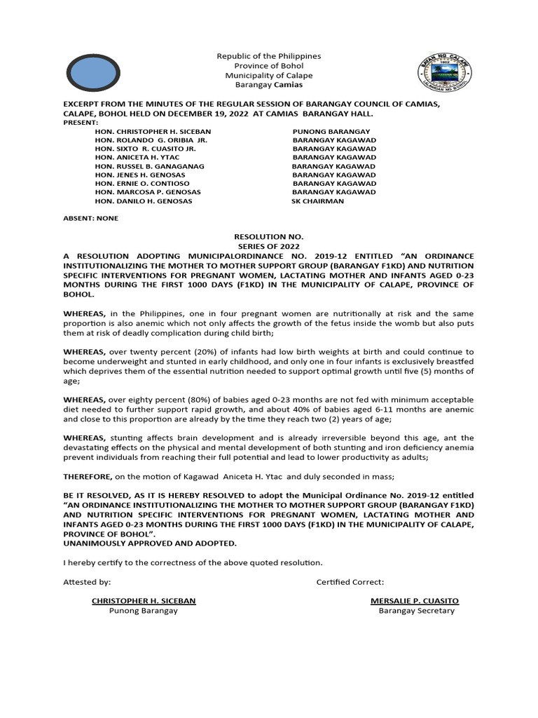 Resolution of Barangay F1K | PDF | Human Nutrition | Pregnancy