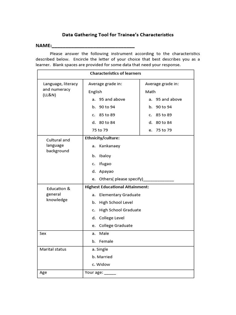 Data Gathering Tool For Tra | PDF | Learning | Learning Styles