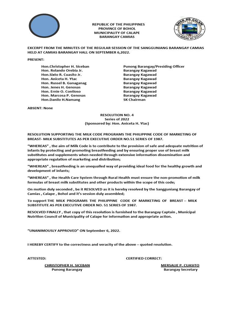 Executive Order No.51 Milk Code | PDF | Breast Milk | Breastfeeding