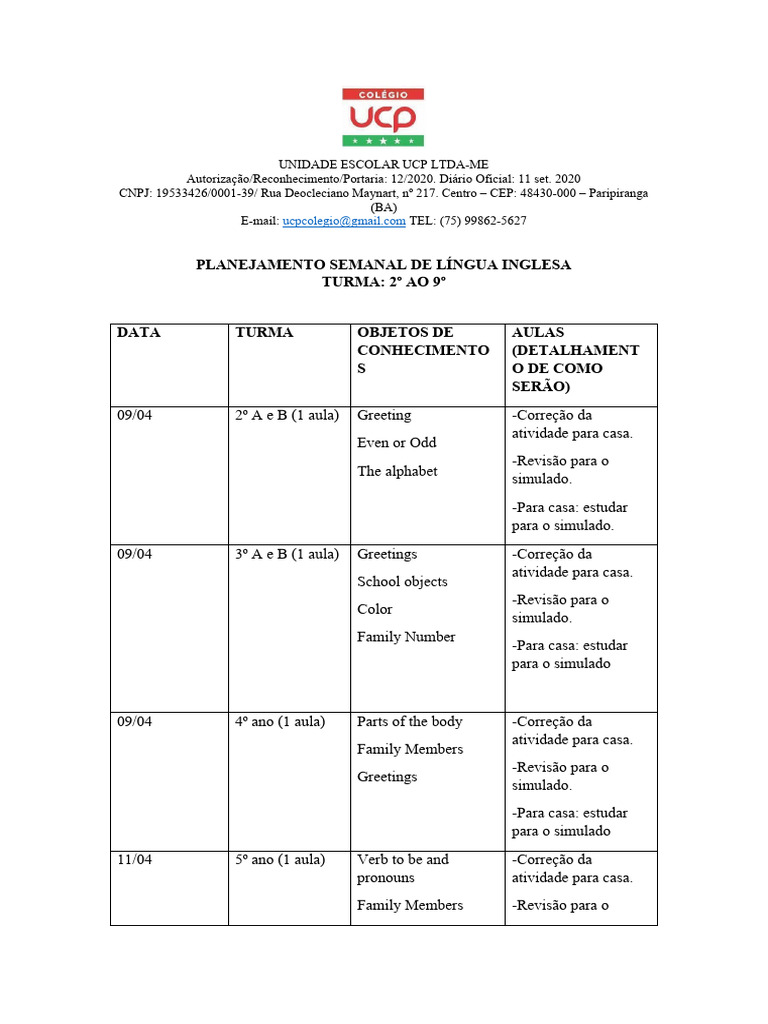 Planejamento Semanal de Inglês UCP | PDF
