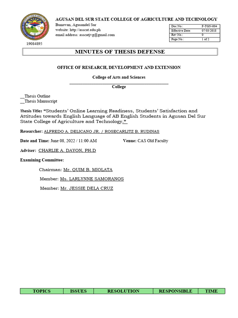 Delicano-Rudinas (Minutes of Thesis Defense) | PDF | Thesis | Null ...