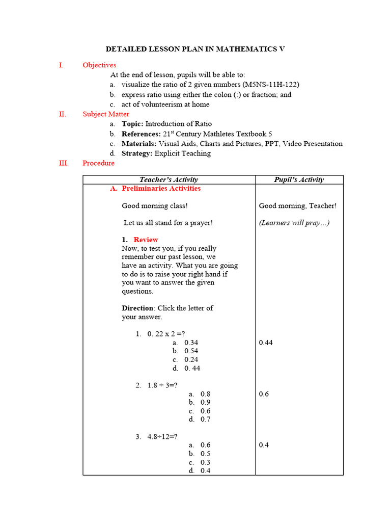 DETAILED_LESSON_PLAN_IN_MATHEMATICS__final lp | PDF | Ratio | Lesson Plan