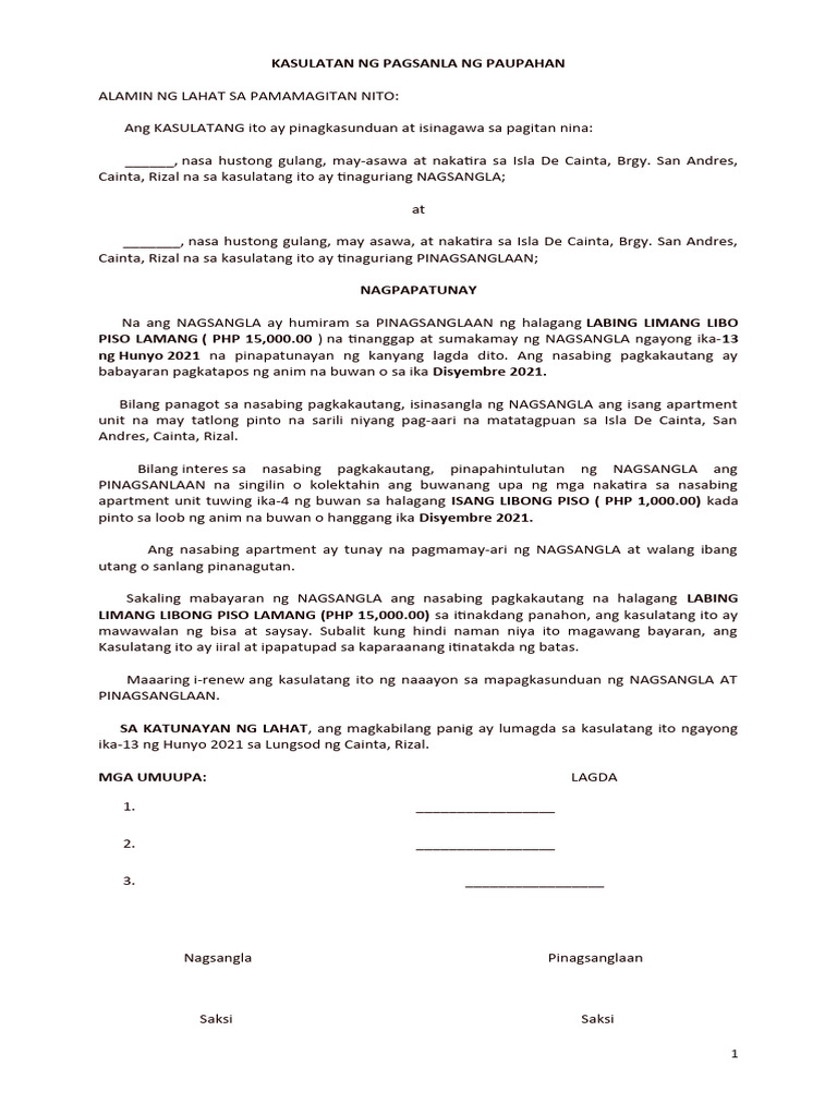 Kasulatan Ng Pagsanla Ng Paupahan | PDF