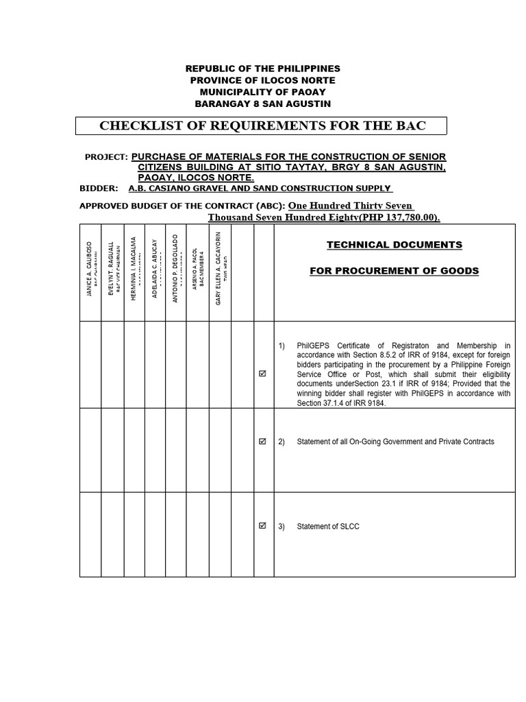 Checklist For The Requirement of The BAC (Goods) - Purchase of ...