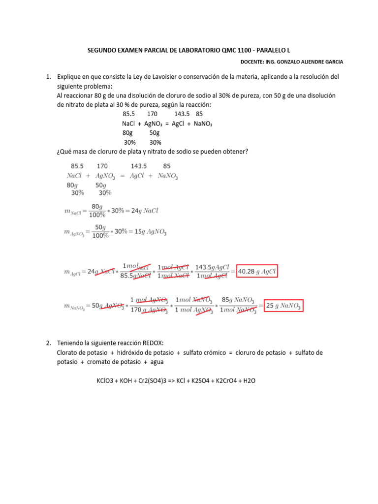 Segundo Examen Parcial de Laboratorio Paralelo L | PDF | Redox | Reacciones químicas