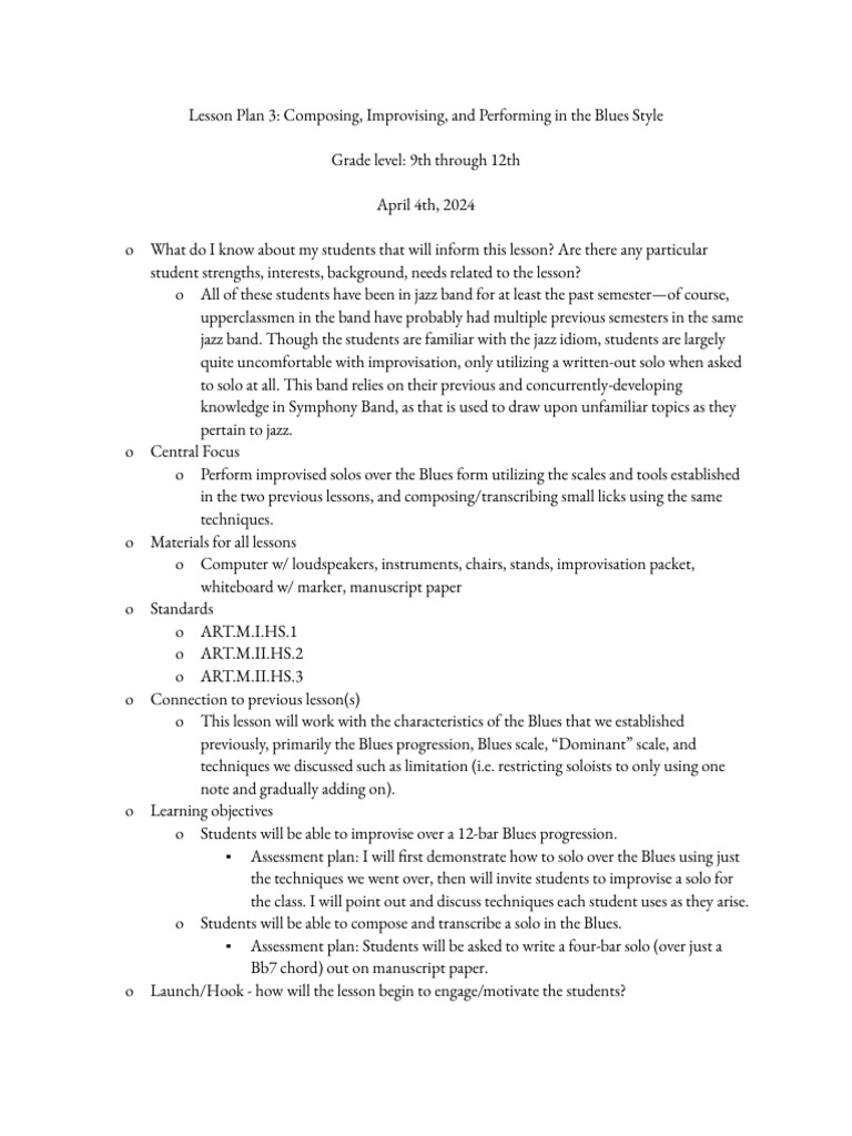 STP - Lesson 3 Plan and Reflection | PDF | Blues | Jazz