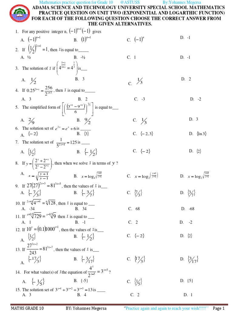 Mathematics Unit-2 Practice Question For Grade 10 | PDF | Logarithm | Mathematical Relations