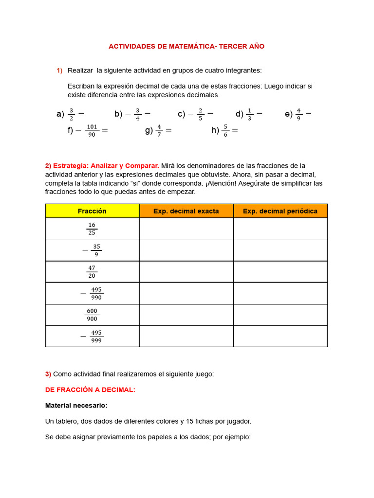 Actividades de Matem-Tica - Tercer A-O | PDF | División (Matemáticas) | Notación Matemática