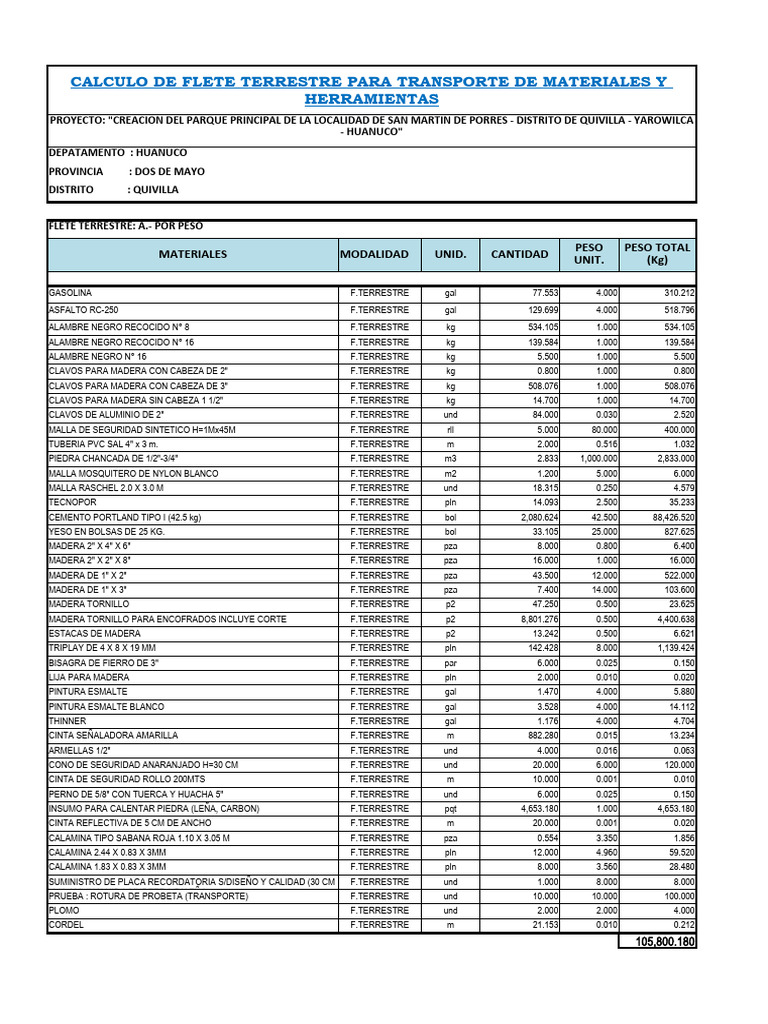 Cálculo de Flete Terrestre para Materiales en Quivilla | PDF | Ingeniería de Edificación ...