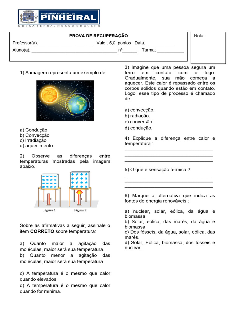 PROVA de Recuperação Ciencias - 7 Ano 1b | PDF | Calor | Temperatura