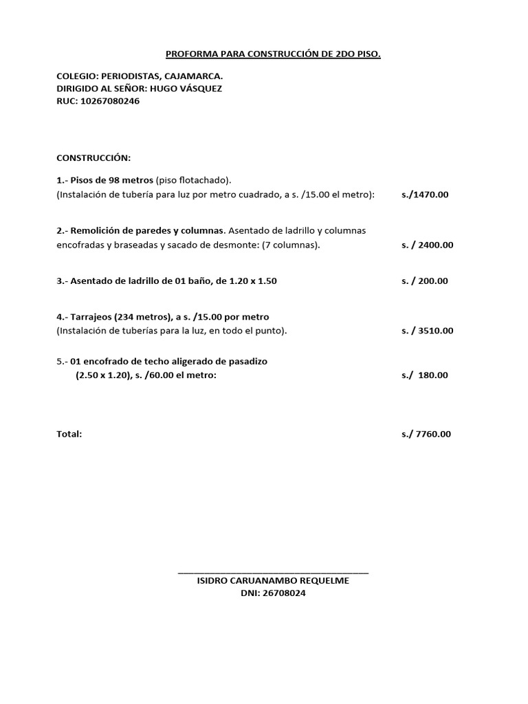 Proforma para Construcción de 2do Piso | PDF