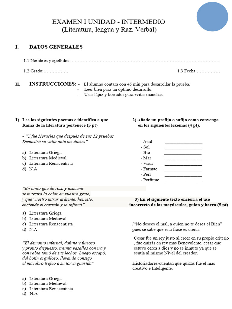 EXAMEN I UNIDAD Intermedio | PDF | Estudios de idiomas extranjeros