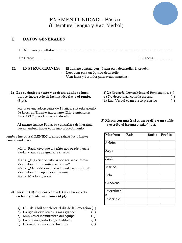 EXAMEN I UNIDAD Basico | PDF