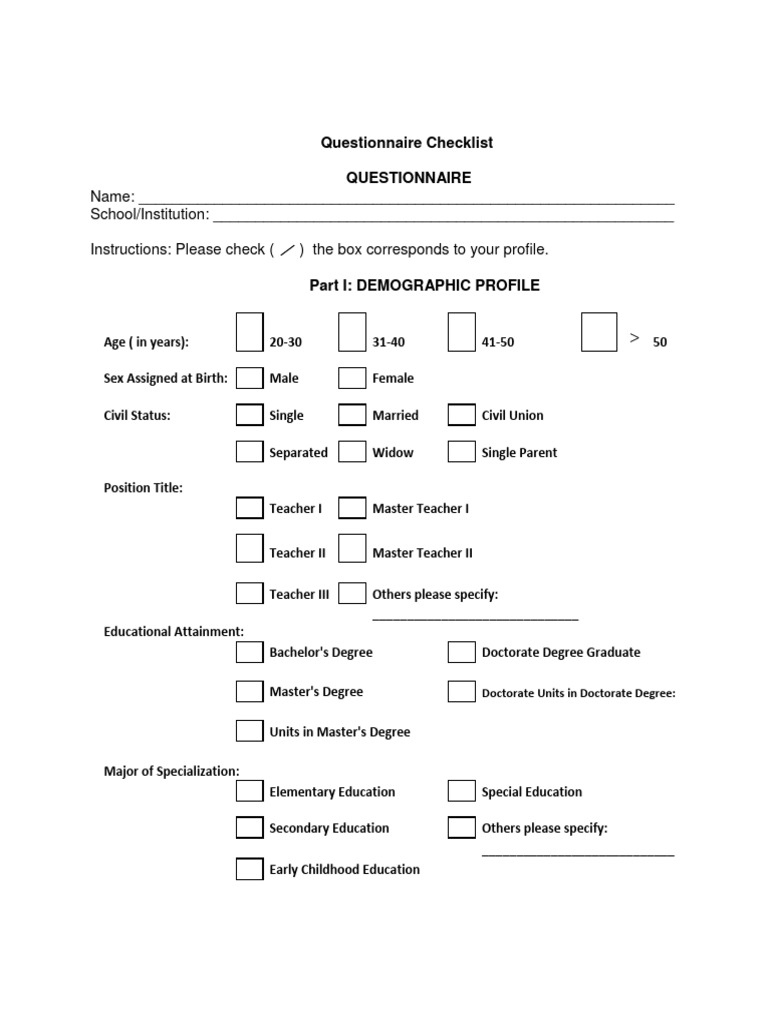 Appendix B-Questionnaire Checklist | PDF | Teachers | Academic Degree