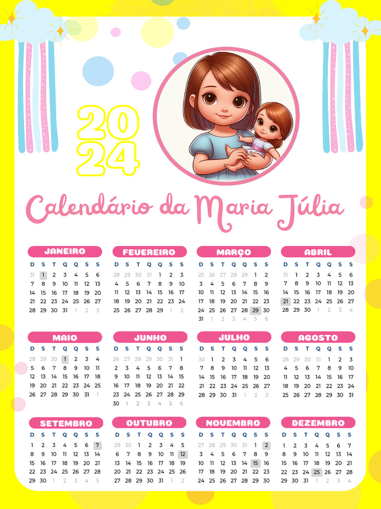 Calendário 2024 Rosa Infantil A4 | PDF