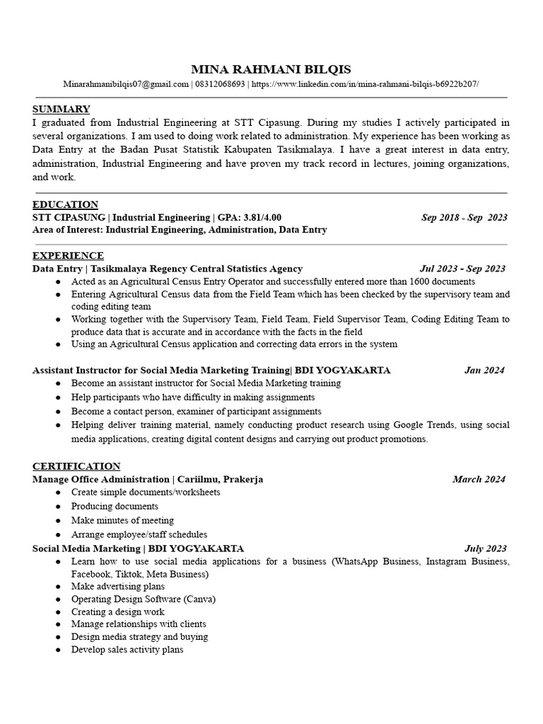 CV MINA RAHMANI BILQISS | PDF | Business | Computing