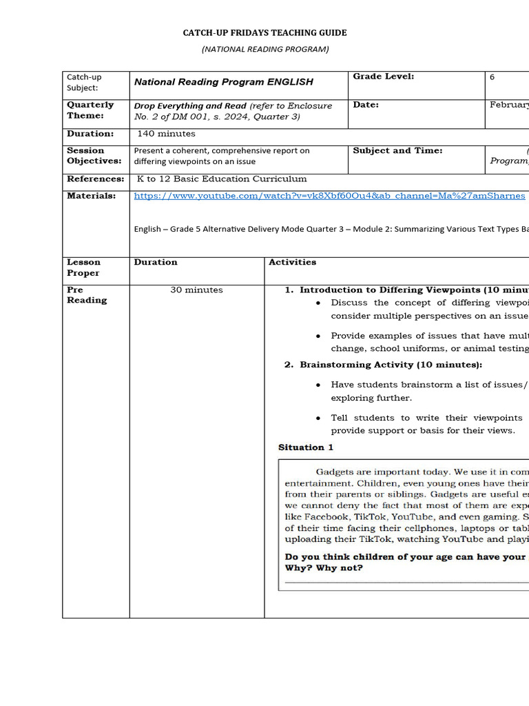 Catch-Up Fridays: Grade 6 Reading Guide | PDF | Education Theory | Pedagogy