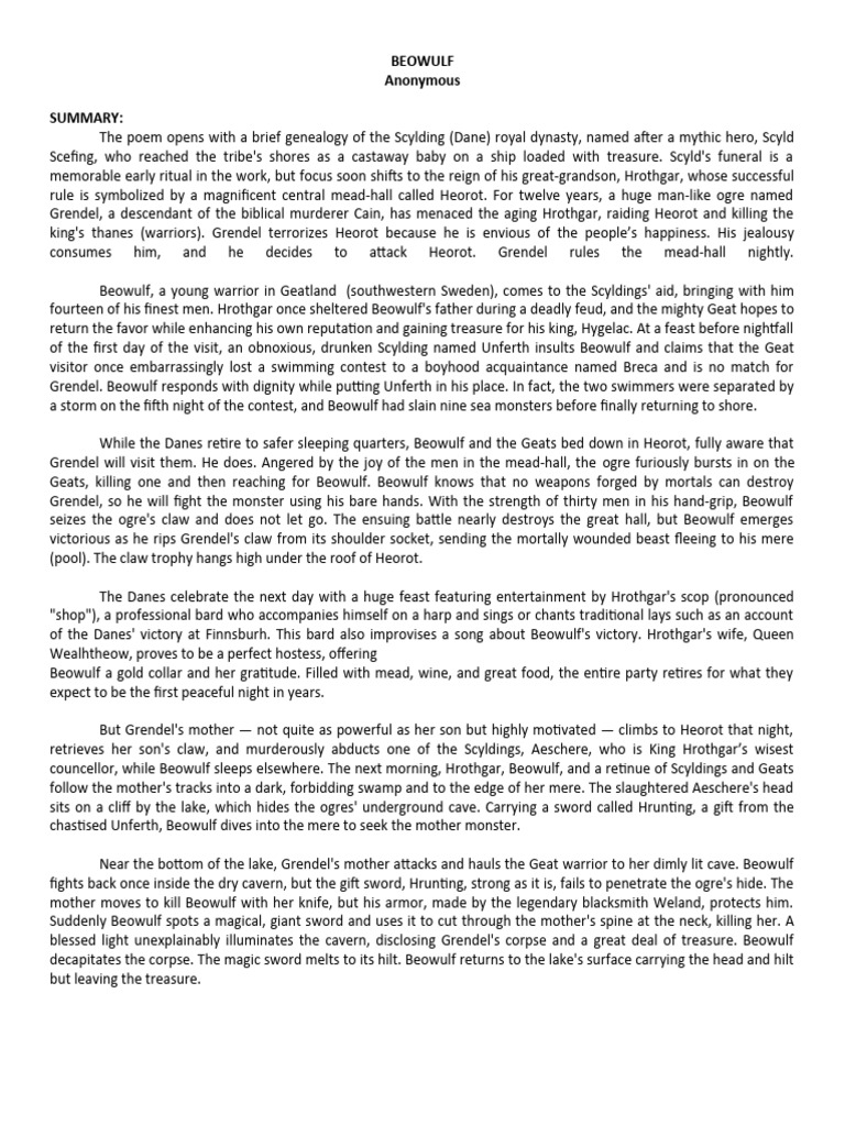 Beowulf: Epic Summary & Analysis | PDF | Beowulf | Medieval Legends