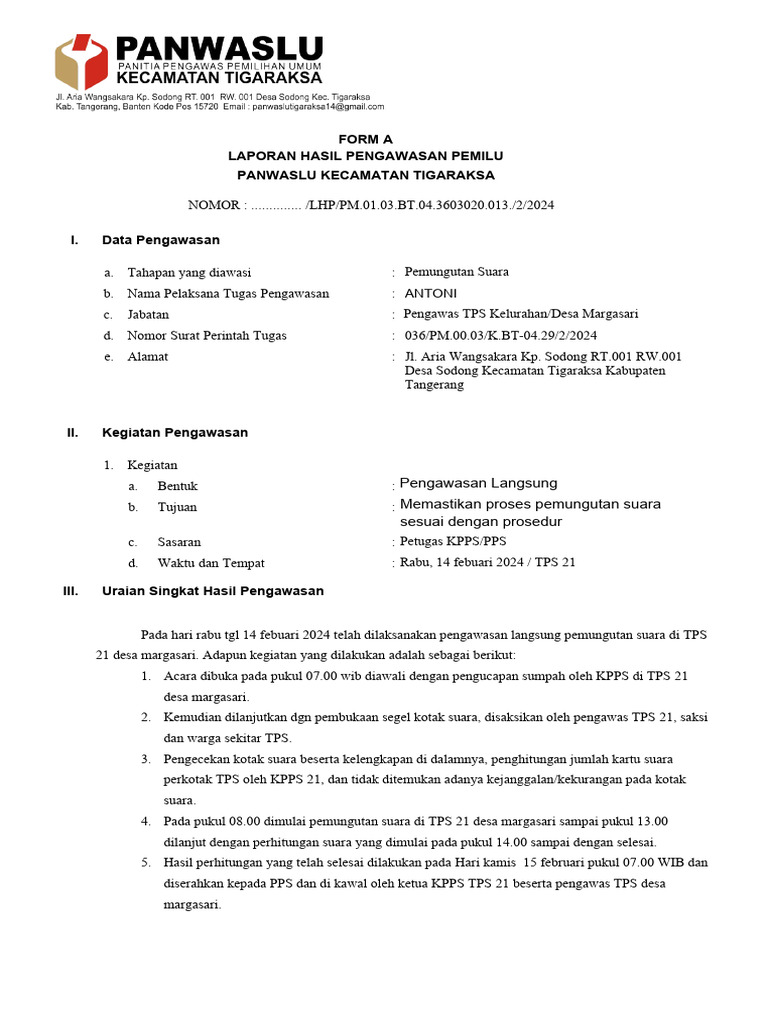 Form A Pengawasan PTPS Margasari TPS 12 | PDF