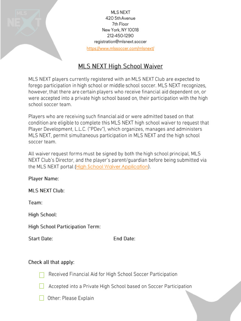 MLS NEXT High School Waiver 2023-2024 Final | PDF