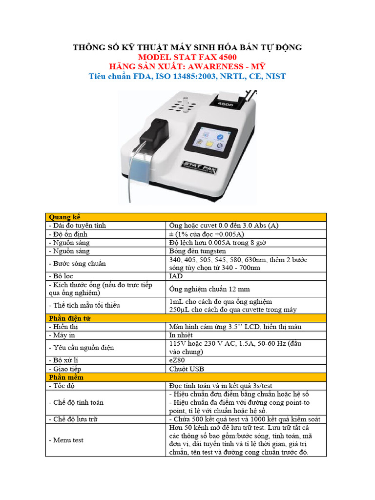 THÔNG SỐ KỸ THUẬT MÁY SINH HÓA BÁN TỰ ĐỘNG STAT FAX 4500 | PDF