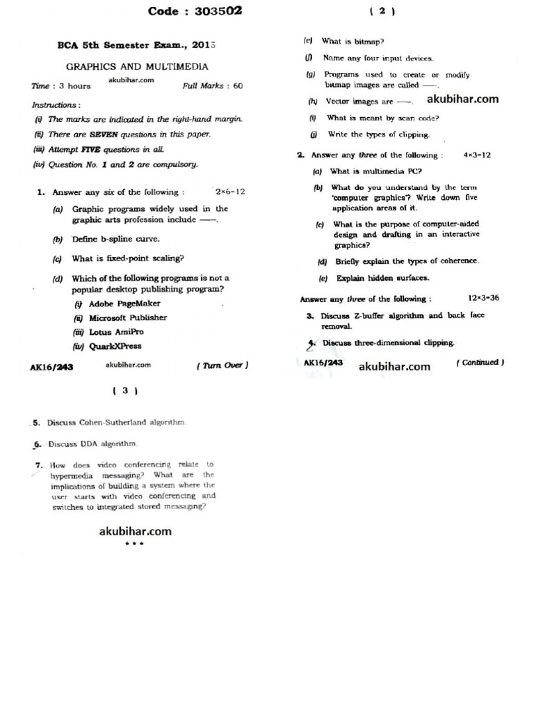 Bca 5 Sem Graphics and Multimedia 2015 | PDF