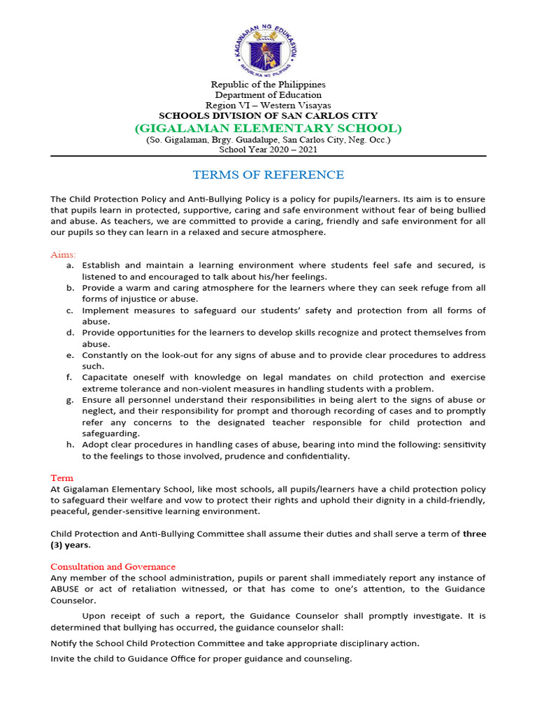 TERMS OF REFERENCE (Child Protection Policy) | PDF | Child Protection ...