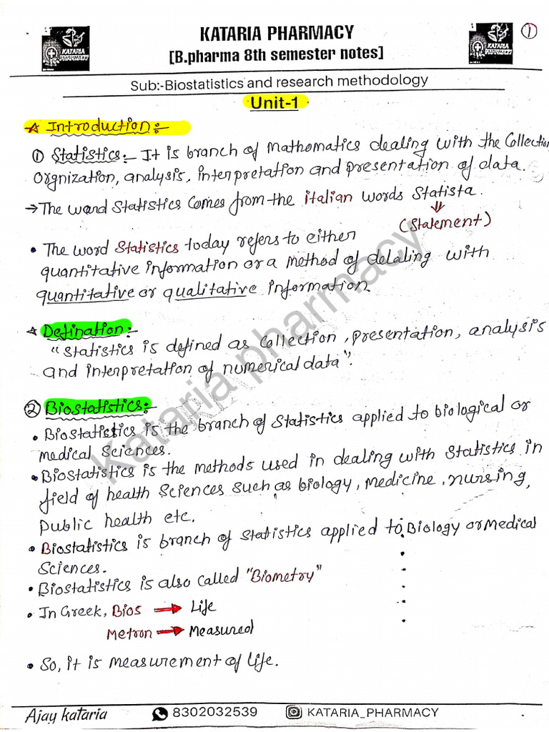 Biostatistics Unit 1 B Pharma 8th Semester Pdf