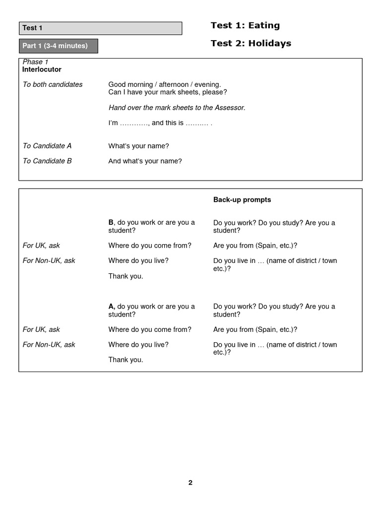 A2 Key 2020 Sample Tests Speaking | PDF