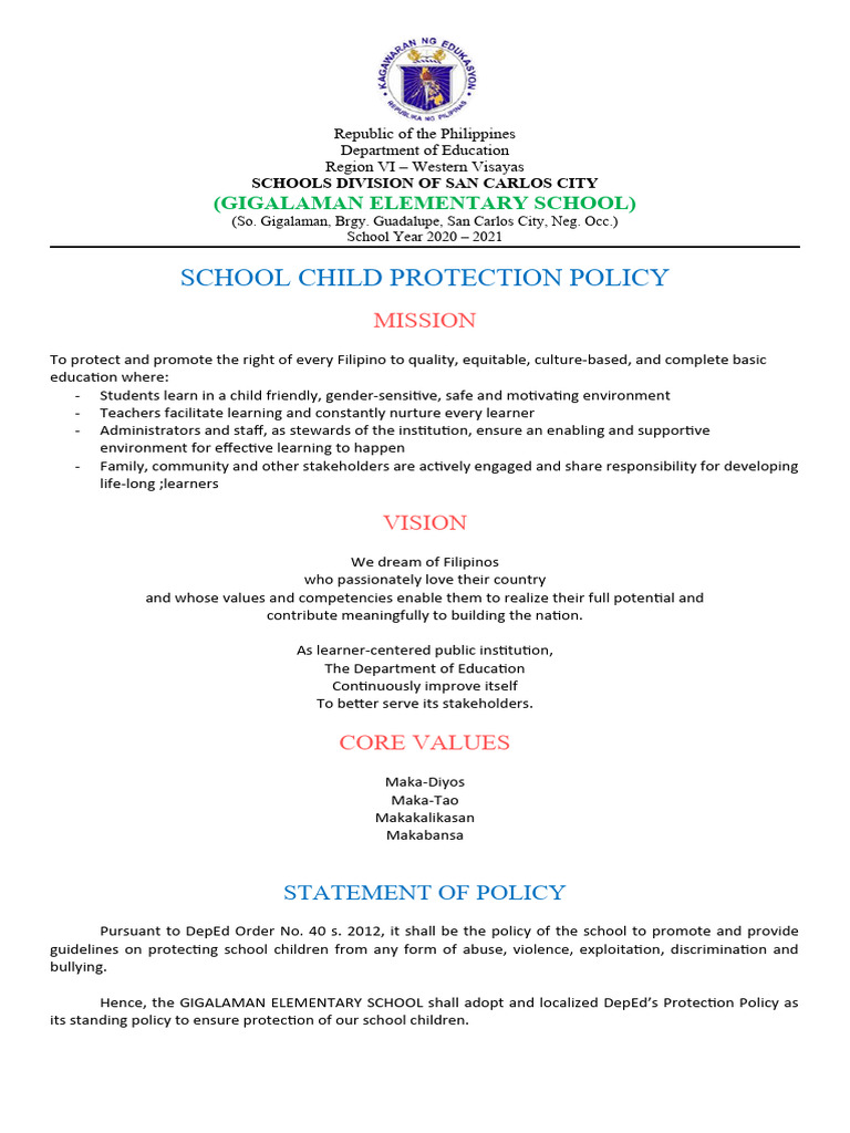 SCHOOL CHILD PROTECTION POLICY | PDF | Child Abuse | Child Protection