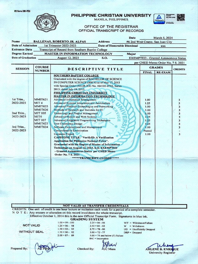 Philippine Christian University: Office OF THE Registrar Official ...