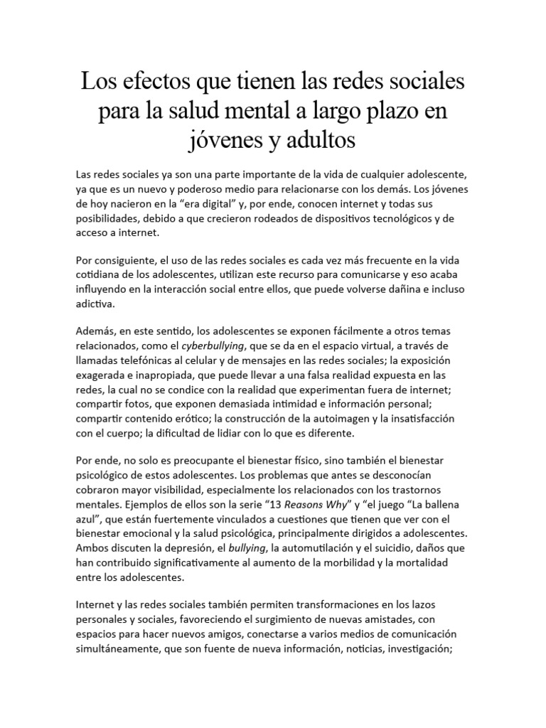 Los Efectos Que Tienen Las Redes Sociales para La Salud Mental A Largo ...