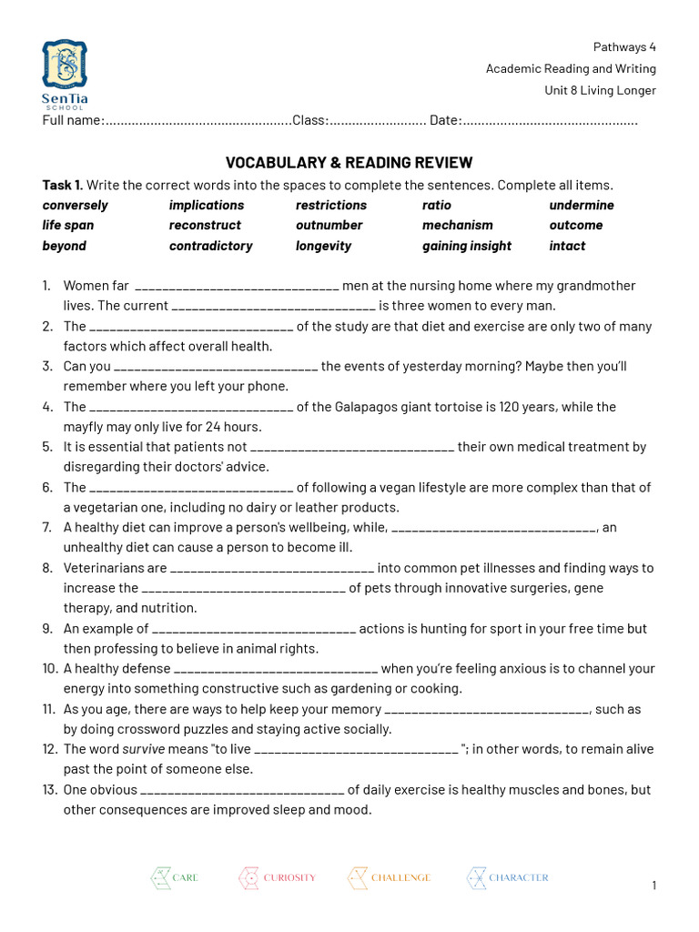 P4 - U8 Vocabulary & Reading Review | PDF | Genetics | Longevity