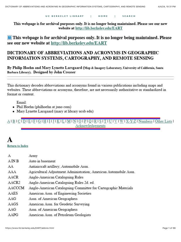 Dictionary of Abbreviations and Acronyms in Geographic Information Systems, Cartography, and ...