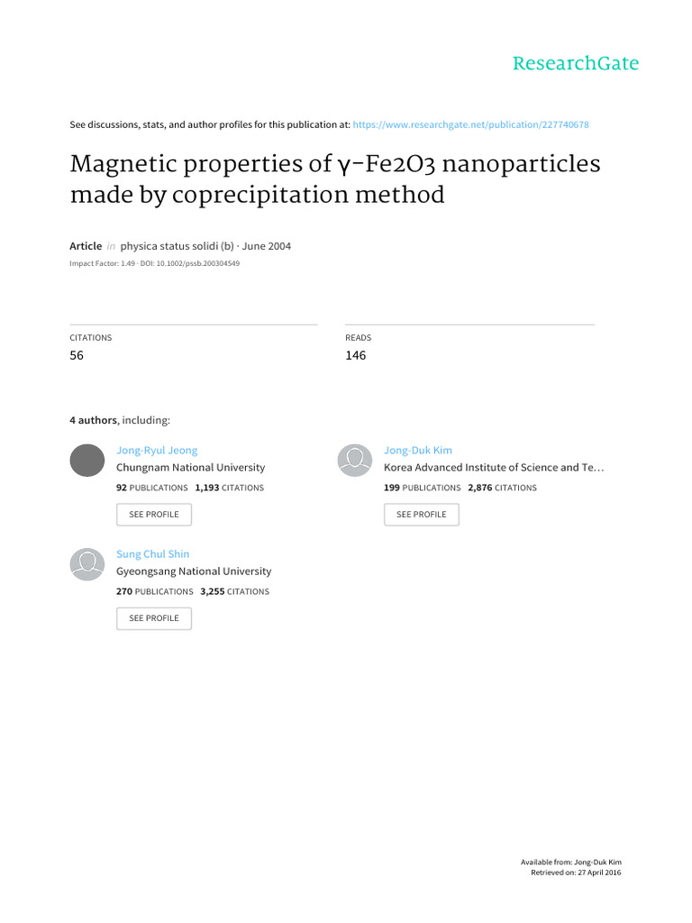 Magnetic properties of γ‐Fe2O3 nanoparticles made by coprecipitation method | PDF | Nanoparticle ...