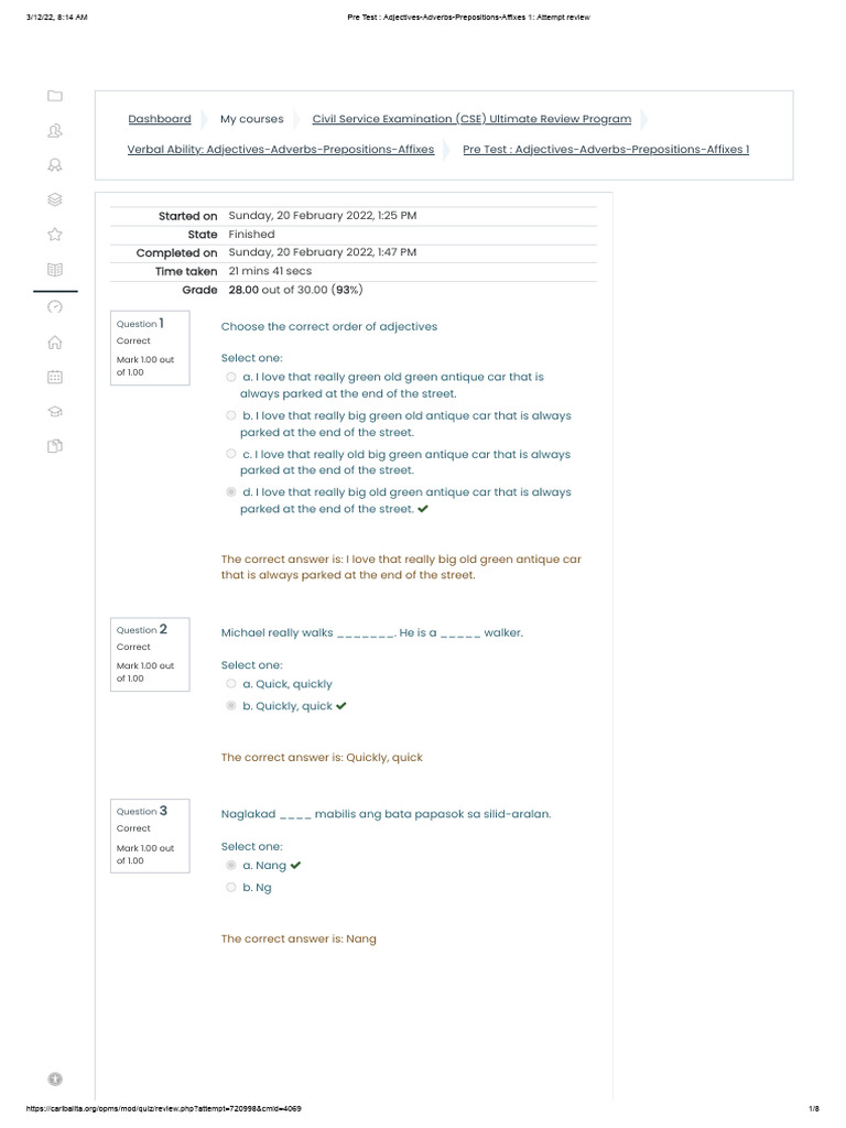 Pre Test - Adjectives-Adverbs-Prepositions-Affixes 1 - Attempt Review ...
