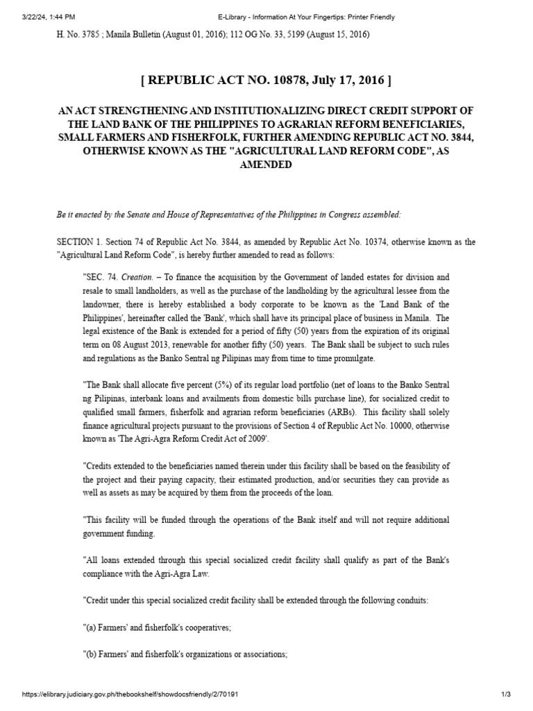 RA 10878 Amendment To 3844 | PDF | Credit | Finance & Money Management