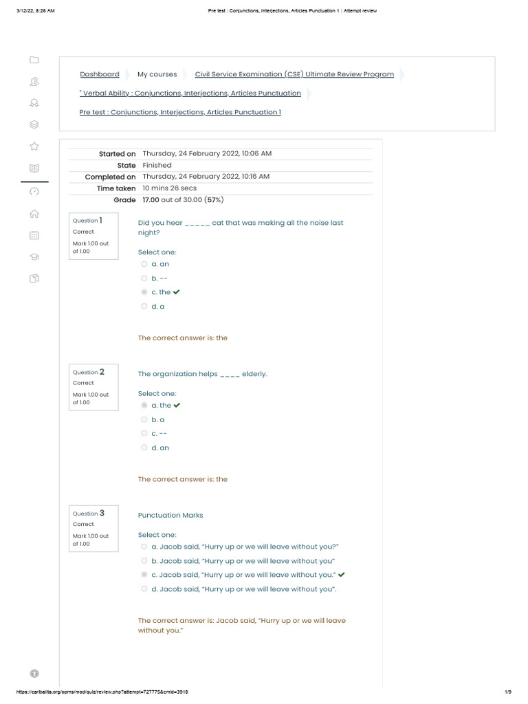 Pre Test - Conjunctions, Interjections, Articles Punctuation 1 ...