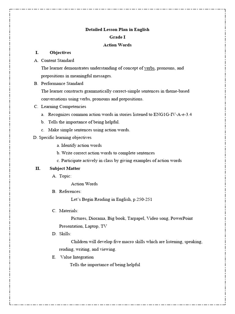 Detailed Lesson Plan in English I - Action Words (TGBTG) - 1 | PDF ...