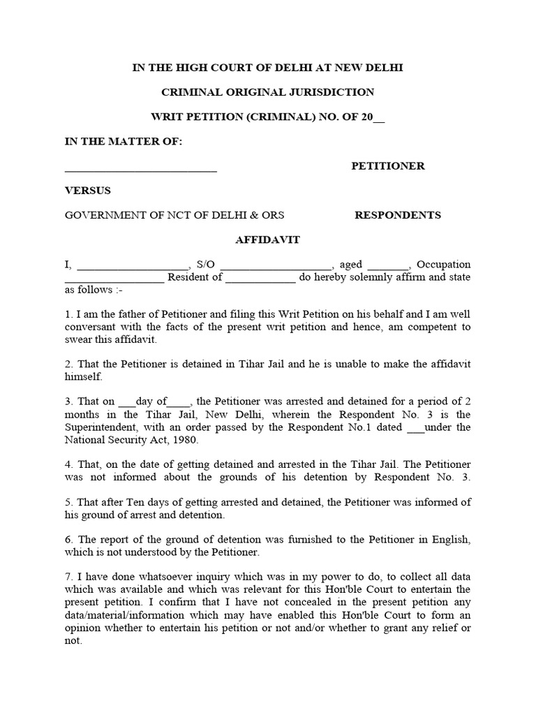 Affidavit For Writ of Habeas Corpus Under Article 226 of The Constitution To Be Filed in High ...